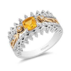 jewelili enchanted disney fine jewelry sterling silver and 10k yellow gold with citrine and 1/4 cttw diamond belle 30th anniversary ring size 7