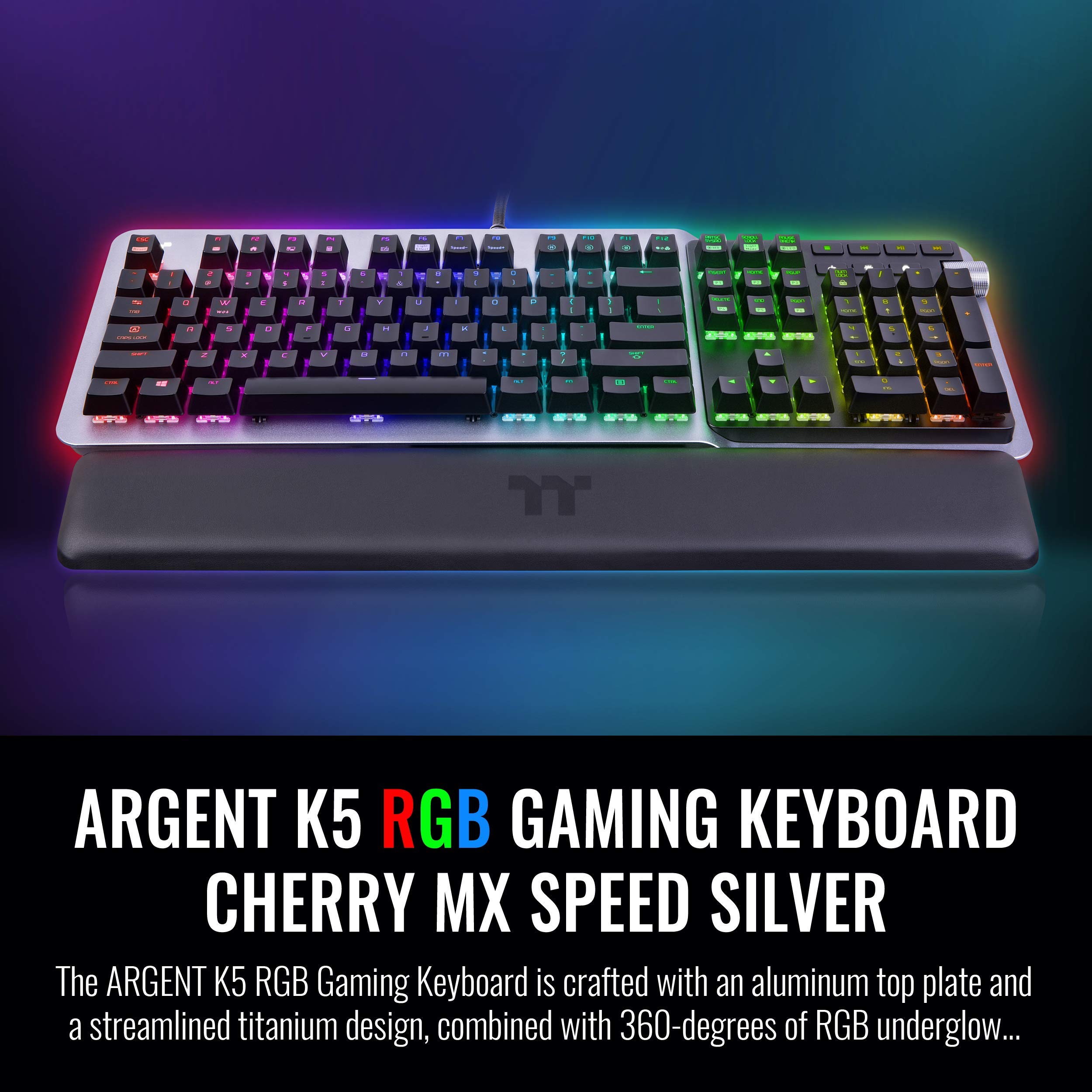 Thermaltake Argent K5 RGB Gaming Keyboard (Silver Switch), Aluminum and Streamlined Titanium Design, 16.8 Million RGB Color, Anti-ghosting, Magnetic Synthetic Leather Wrist Rest, GKB-KB5-SSSRUS-01