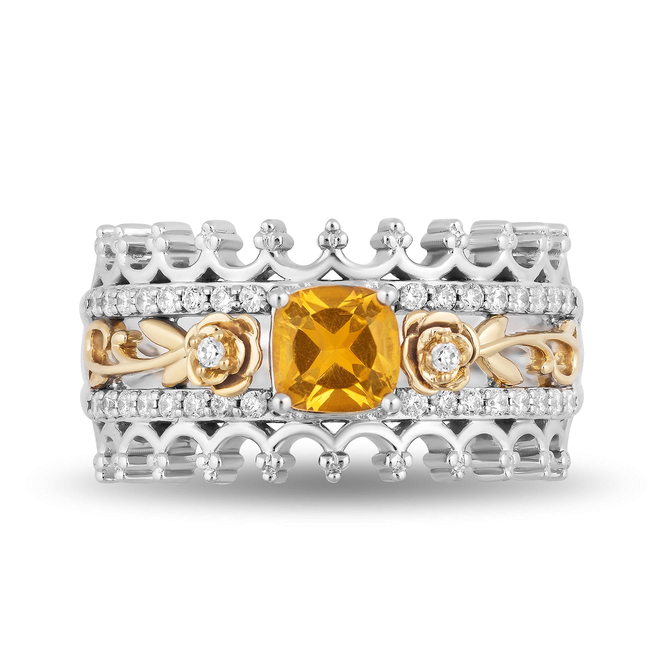 Jewelili Enchanted Disney Fine Jewelry Sterling Silver and 10K Yellow Gold with Citrine and 1/4 CTTW Diamond Belle 30th Anniversary Ring Size 7