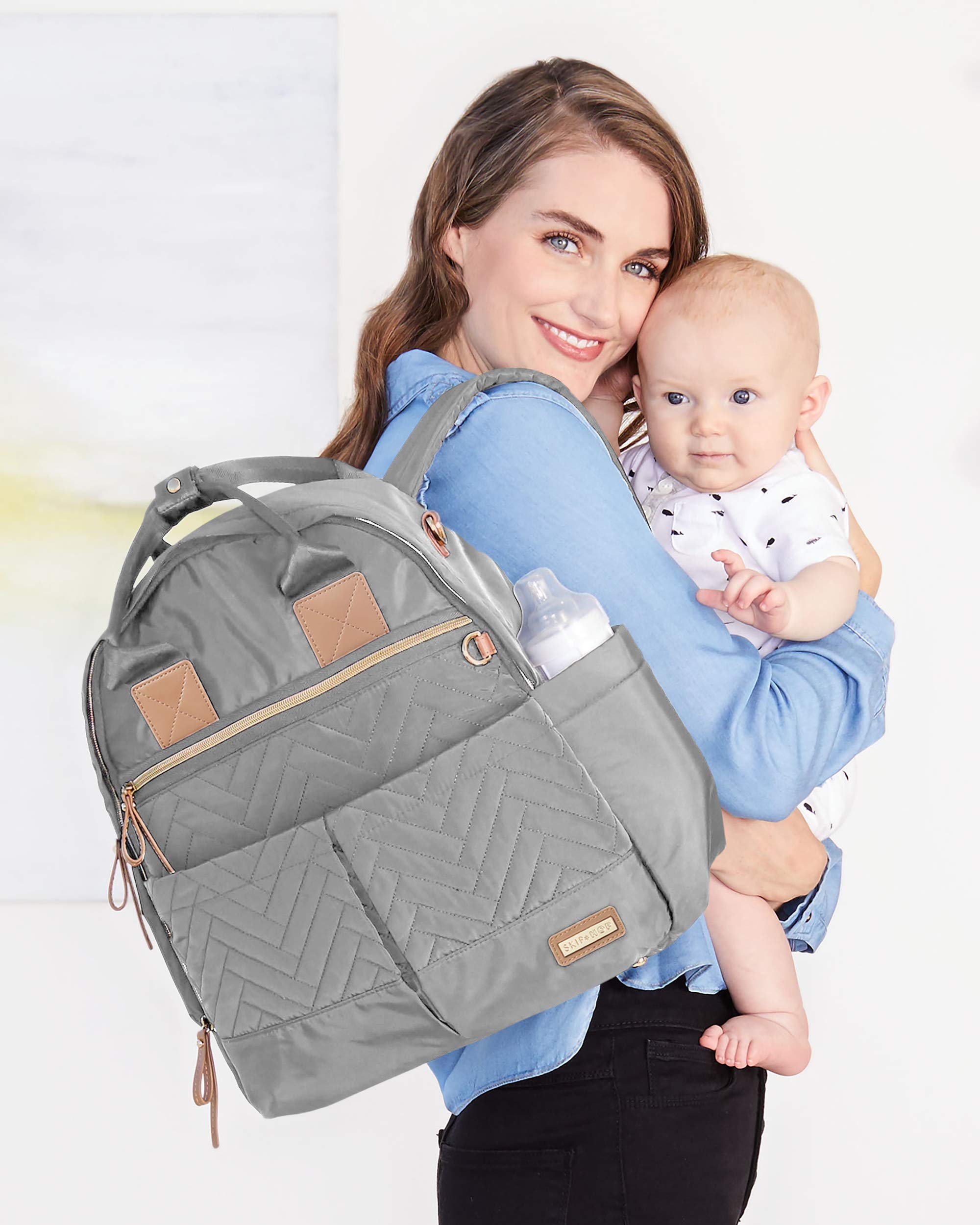 Skip Hop Diaper Bag Backpack: Suite 6-in-1 Diaper Backpack Set, Multi-Function Baby Travel Bag with Changing Pad, Stroller Straps, Bottle Bag and Pacifier Pocket, Dove Grey