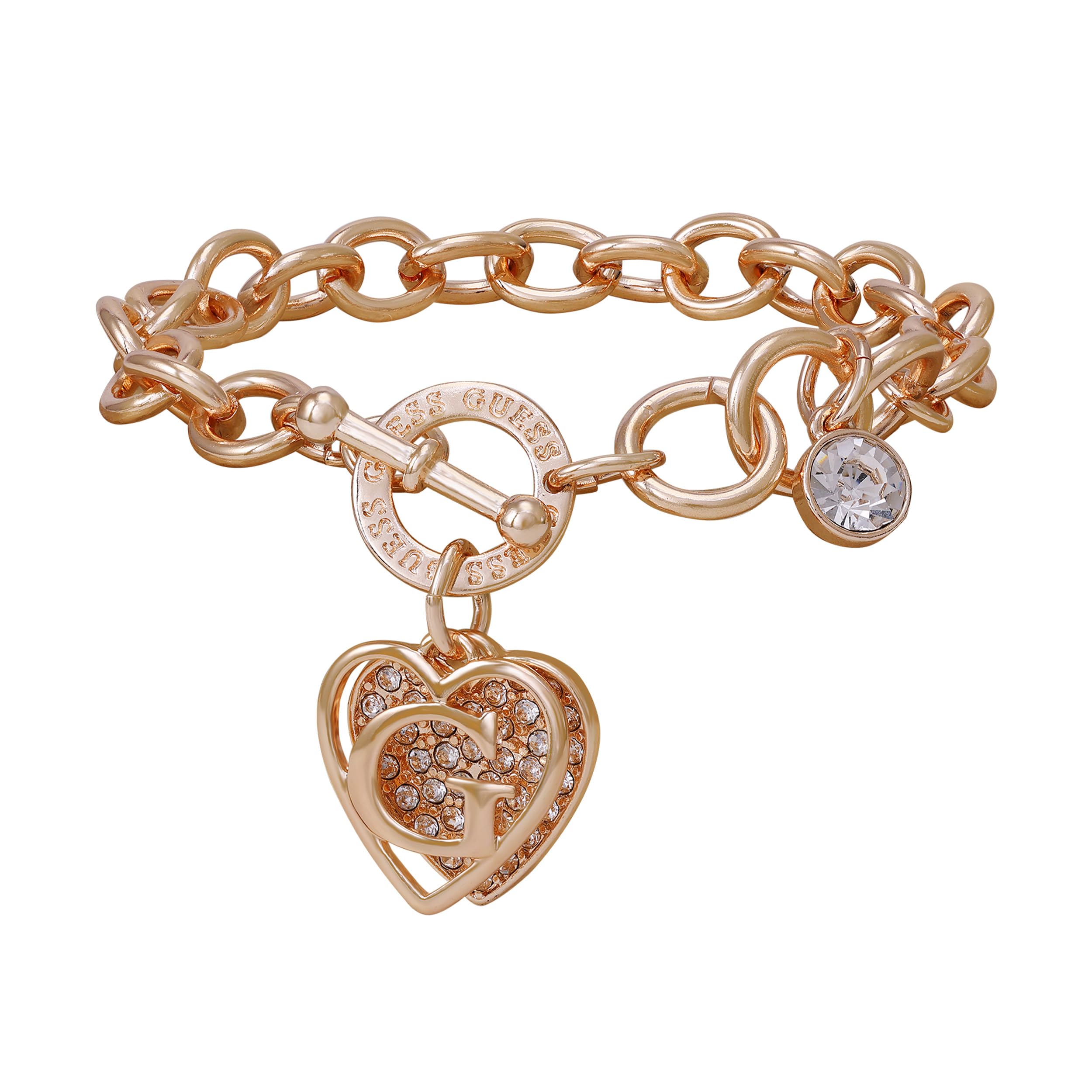 GUESS Rose Gold-Tone Round Link Chain Bracelet with Heart & Logo Charms