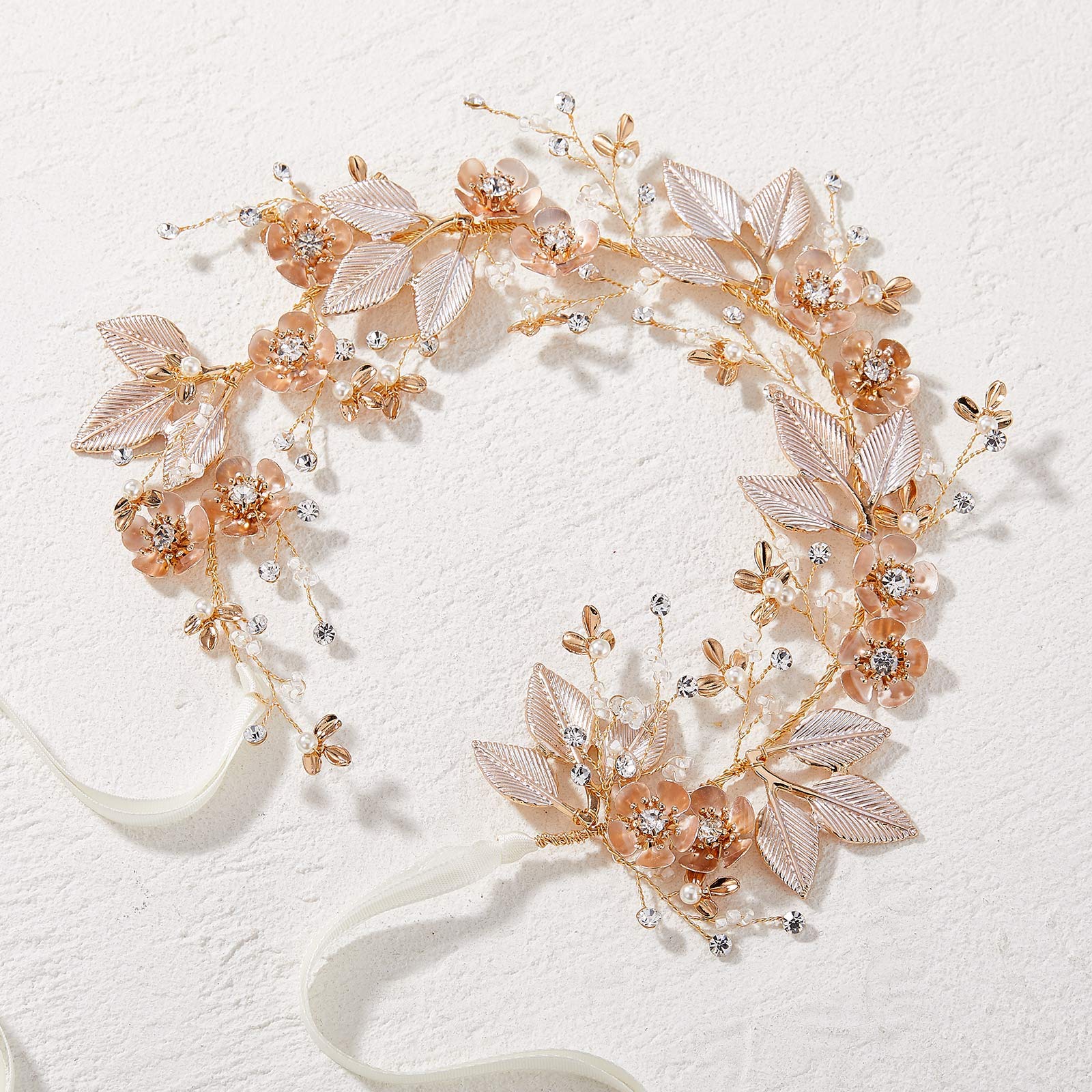 SWEETV Handmade Wedding Headpieces for Bride Hair Accessories Flower-Leaf Bridal Headband Rose Gold Wedding Hair Piece