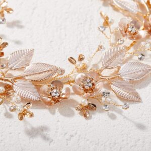 SWEETV Handmade Wedding Headpieces for Bride Hair Accessories Flower-Leaf Bridal Headband Rose Gold Wedding Hair Piece