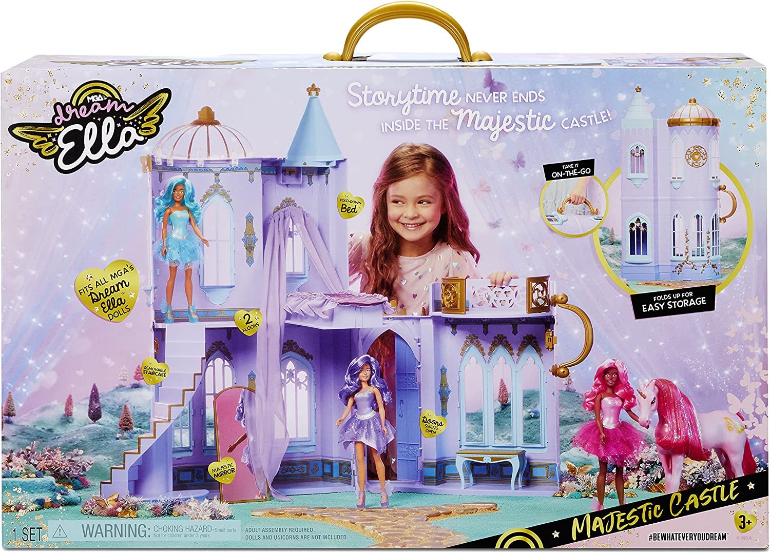 MGA Dream Ella Majestic Castle Playset, Fits 11.5" Fashion Dolls, Furniture & Accessories, Portable 35" H x 18" W Dollhouse Play Pretend Gift for Kids, Toys for Girls & Boys Ages 3 4 5+ Years