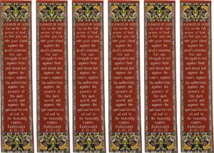 armor of god, bulk pack of 6 woven fabric christian bookmarks, silky soft ephesians 6:11-12 flexible bookmarker for novels books and bibles, traditional turkish woven design, memory verse gift