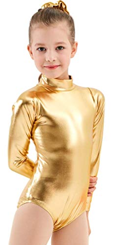 Javly Metallic Toddler Unitard, Sparkly Tumbling Gymnastics Dance Leotard, Mock Neck Long Sleeve Zipper Back Bodysuit for Baby Girls Kids Teens 2-10 Years