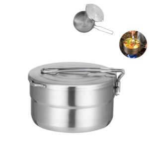 denpetec stainless steel camping cook pot with lid and folding handle camping cookware 1.5l large capacity bento pot for camping, hiking, picnic