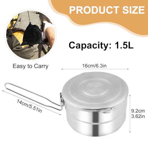 Denpetec Stainless Steel Camping Cook Pot with Lid and Folding Handle Camping Cookware 1.5L Large Capacity Bento Pot for Camping, Hiking, Picnic