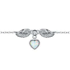 EVER FAITH 925 Sterling Silver Dainty Opal Heart Charm Bracelet Adjustable Angel Wings Chain Jewelry for Women