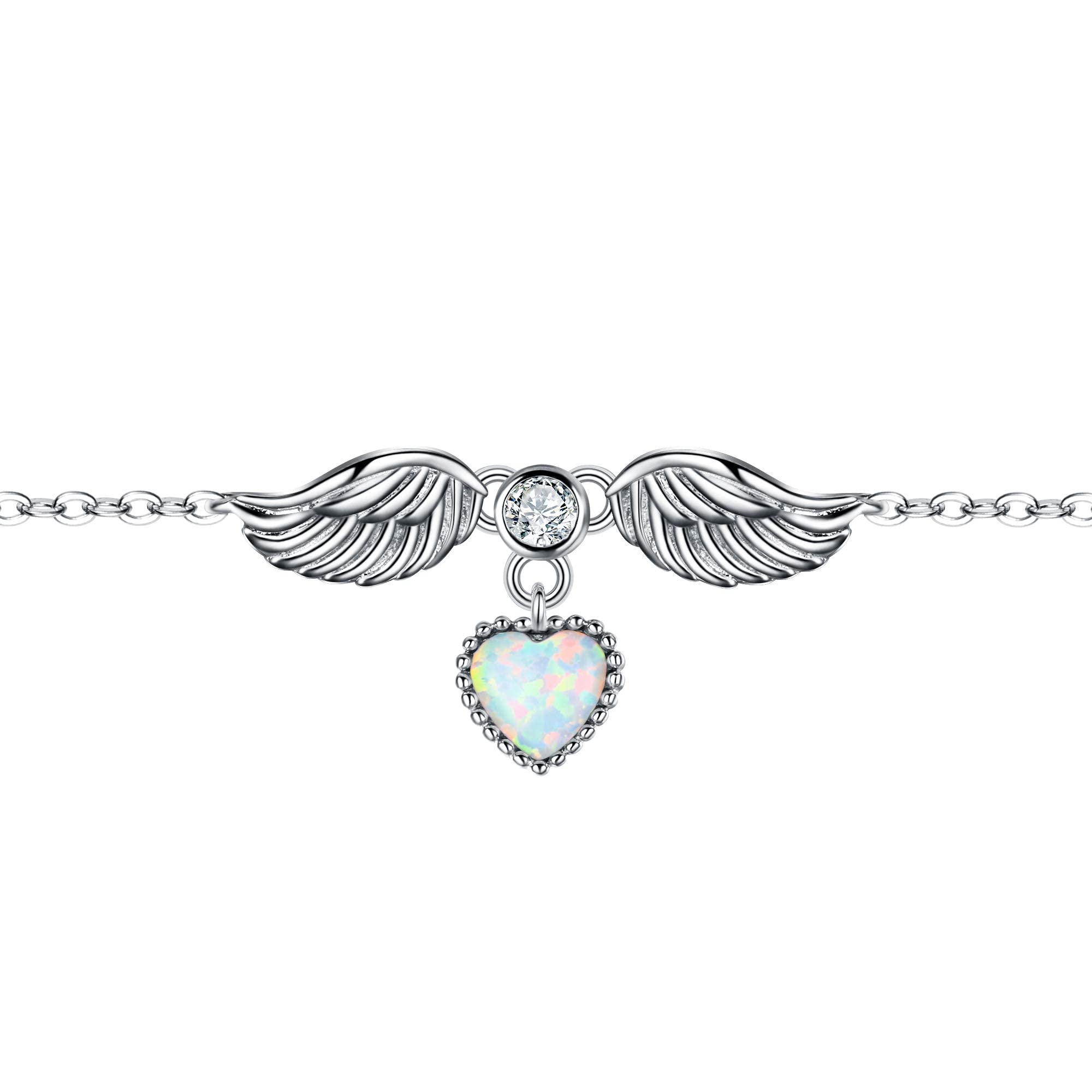 EVER FAITH 925 Sterling Silver Dainty Opal Heart Charm Bracelet Adjustable Angel Wings Chain Jewelry for Women