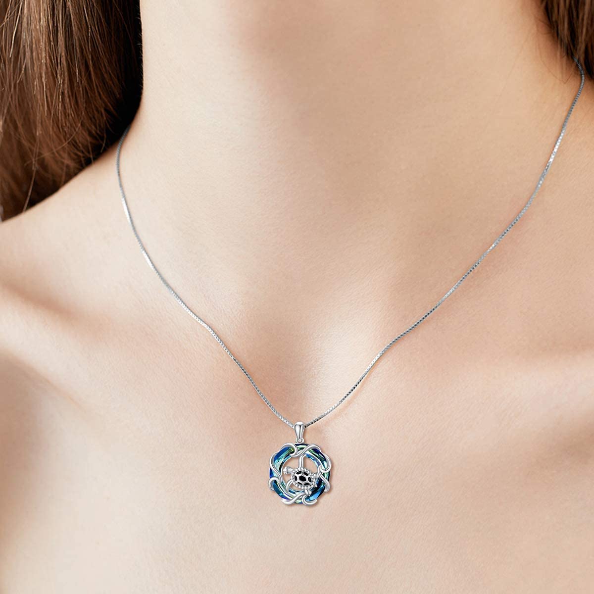 TOUPOP Ocean Wave and Cute Sea Turtle Necklace for Women 925 Sterling Silver Necklace Pendant Jewelry with CrystalGifts for Turtle Lovers Girls Mother 0.79 * 0.79 inches silver