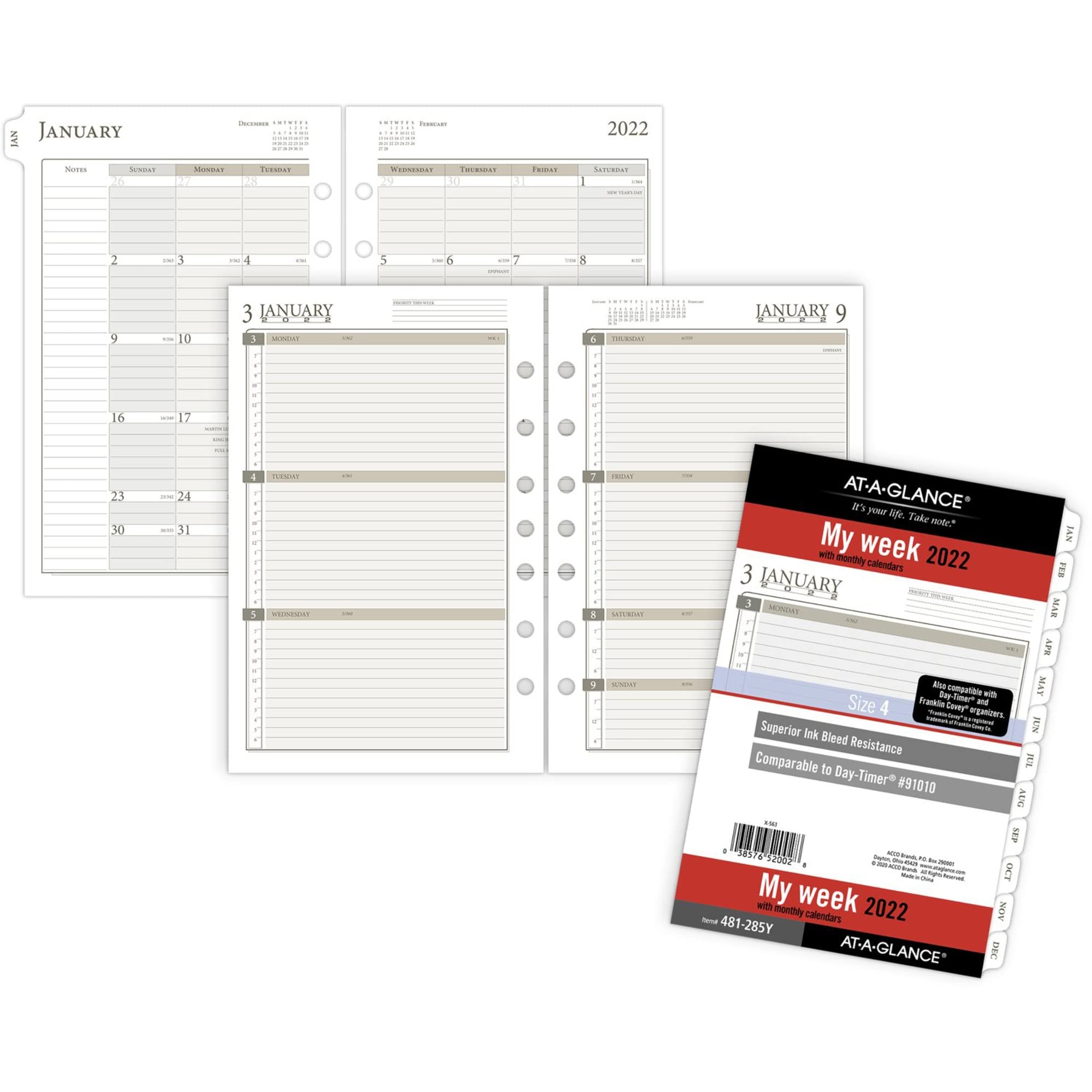 2022 Weekly & Monthly Planner Refill by AT-A-GLANCE, 91010 DAY-TIMER, 5-1/2" x 8-1/2", Size 4, Desk Size, Loose-Leaf (481-285Y)