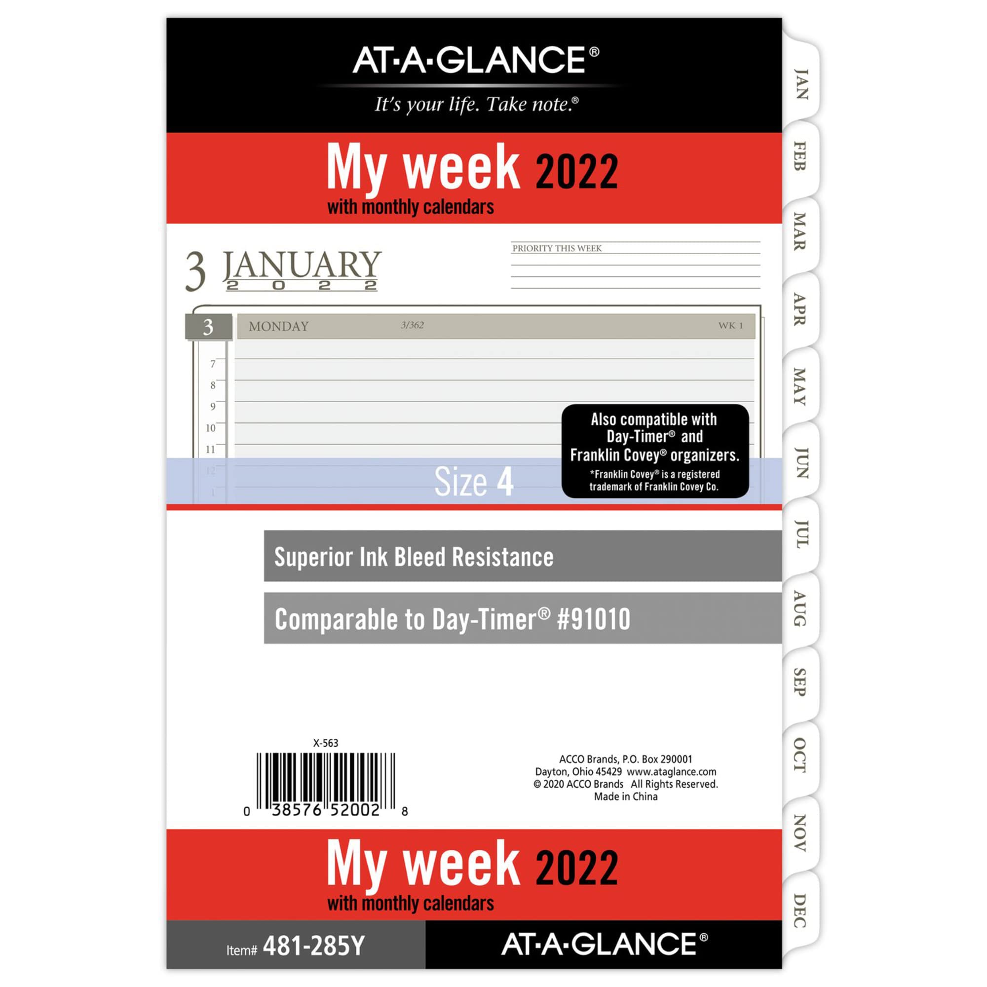 2022 Weekly & Monthly Planner Refill by AT-A-GLANCE, 91010 DAY-TIMER, 5-1/2" x 8-1/2", Size 4, Desk Size, Loose-Leaf (481-285Y)