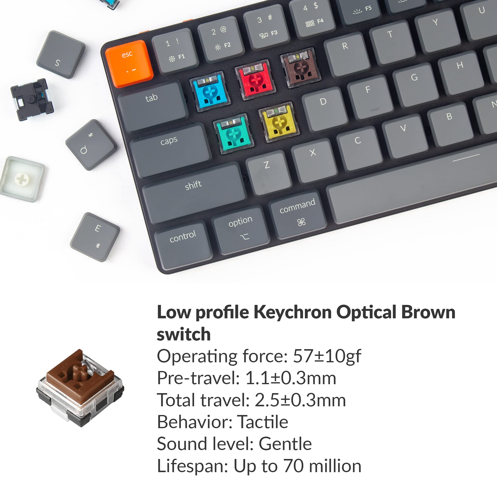 Keychron K7 65% Layout Ultra-Slim Hot-swappable Wireless Bluetooth/Wired USB Mechanical Keyboard with Low-Profile Optical Brown Switch White LED Backlit Computer Keyboard for Mac Windows