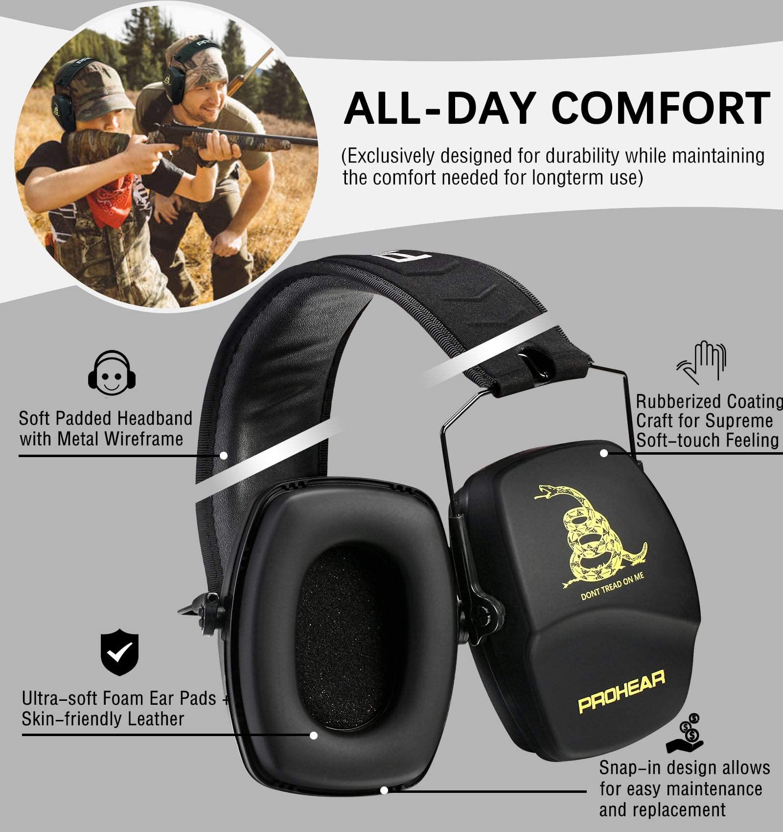 PROHEAR 016 2-Pair Shooting Ear Protection Safety Earmuffs, NRR 27dB Noise Reduction Slim Passive Hearing Protector with Low-Profile Earcups, Compact Foldable Muffs for Gun Range, Hunting