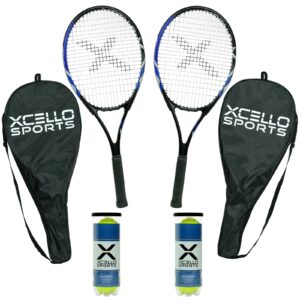 xcello sports 27" aluminum racket set (blue/black) with 2 tubes of tennis balls and 2 covers