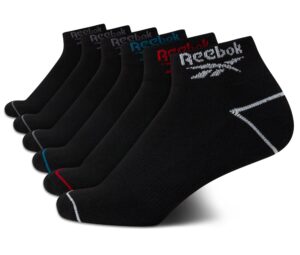 reebok boys' quarter socks - 6 pack stretch performance quarter cut arch support socks - cushioned athletic socks for boys, size medium, formal black