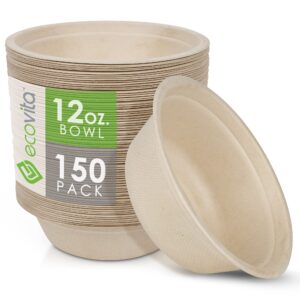 ecovita 100% compostable paper bowls [12 oz.] – 150 disposable bowls eco friendly sturdy tree free liquid and heat resistant alternative to plastic or paper bowls