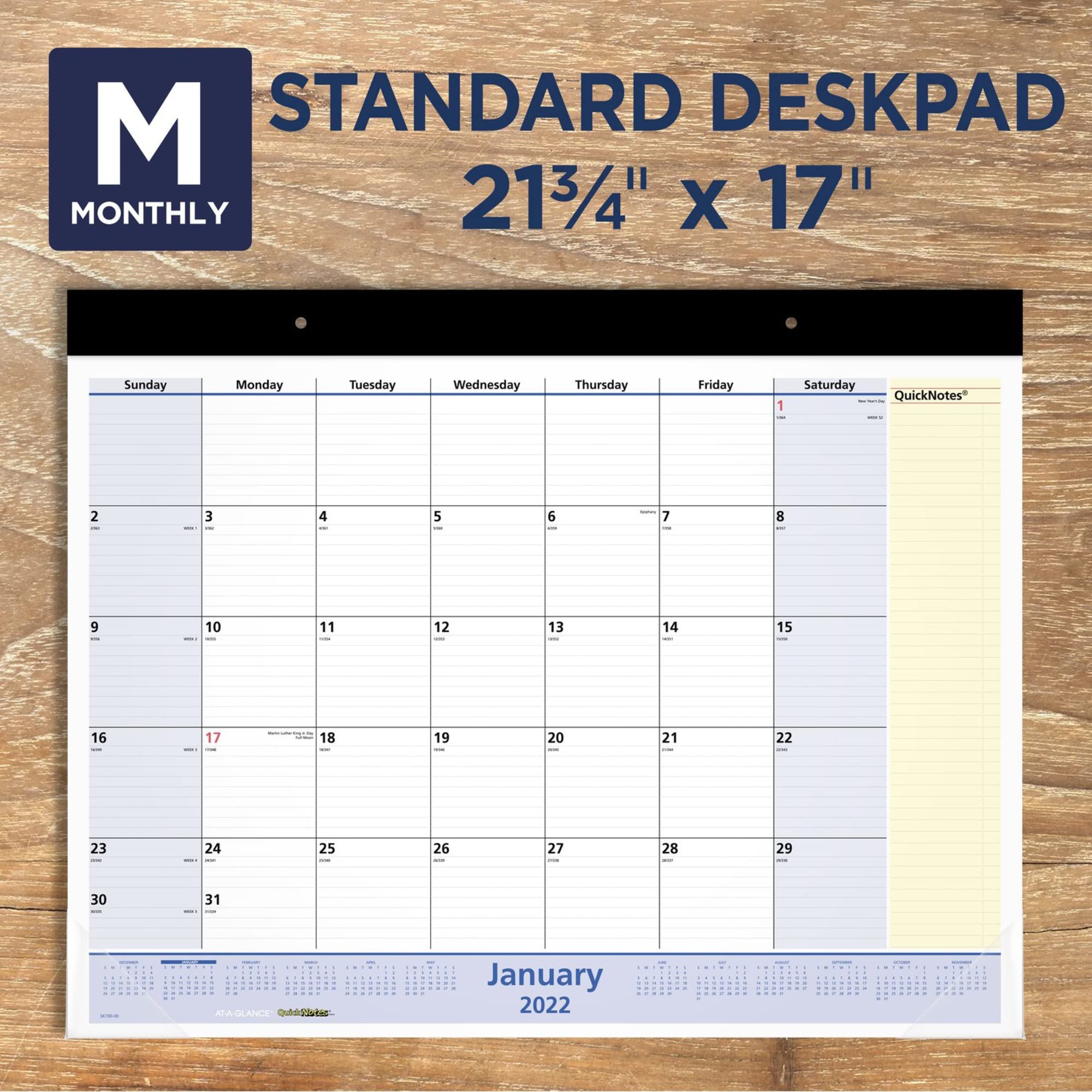 AT-A-GLANCE 2022 Desk Calendar by AT-A-GLANCE, Monthly Desk Pad, 22" x 17", Standard, QuickNotes (SK70000)