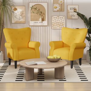 MELLCOM Mid Century Wingback Arm Chair,Modern Upholstered Fabric High Back Accent Chair with Wood Legs,Upholstered Single Sofa Club Chair for Living Room, Bedroom, Home Office, Yellow