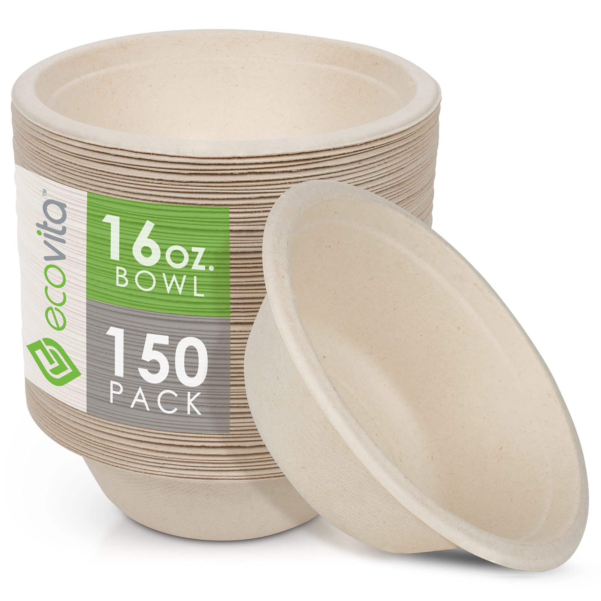 Ecovita 100% Compostable Paper Bowls [16 oz.] – 150 Disposable Bowls Eco Friendly Sturdy Tree Free Liquid and Heat Resistant Alternative to Plastic or Paper Bowls