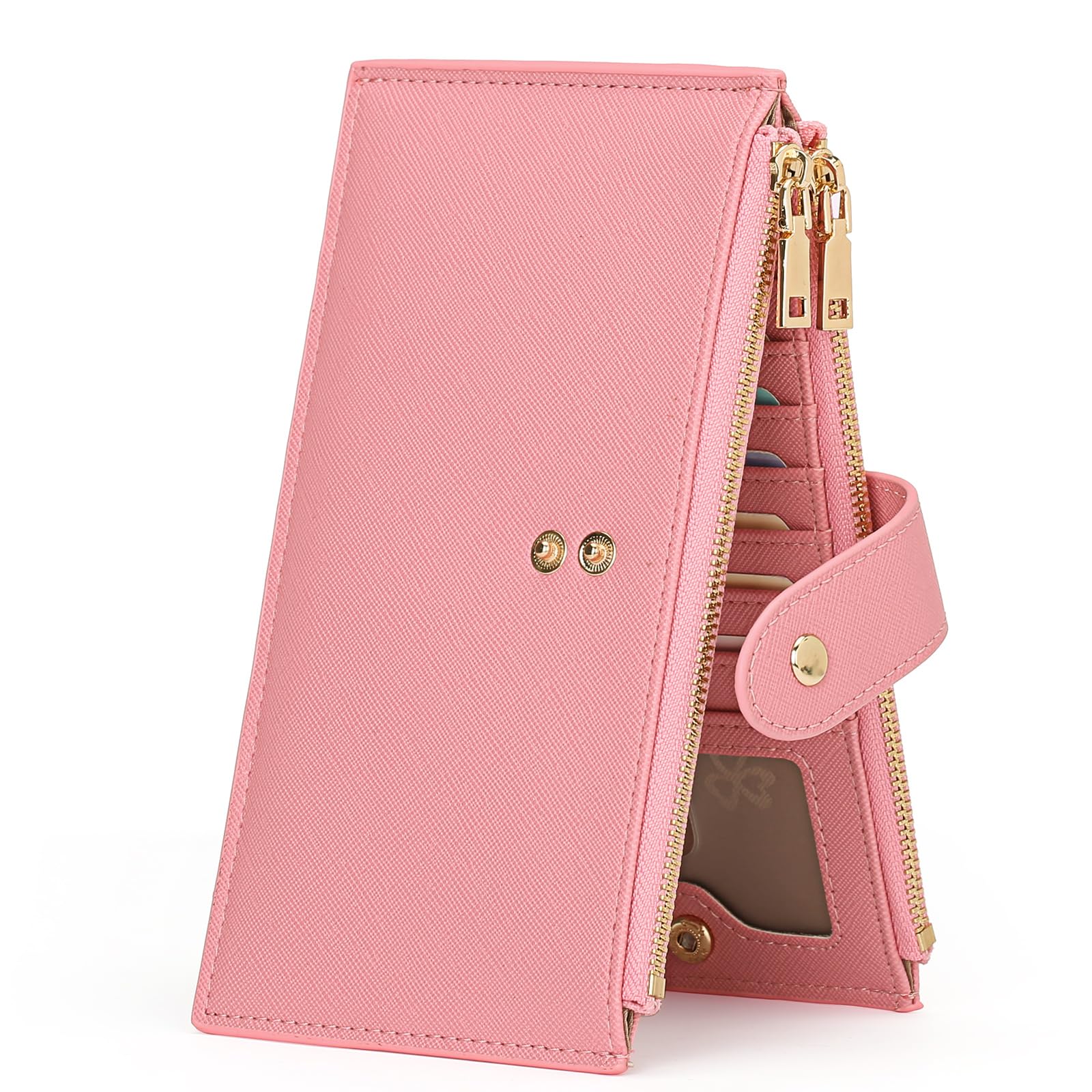 GOIACII Womens Wallet Rfid Blocking Bifold Credit Card Holder with 2 Zipper Pockets Pink Sakura