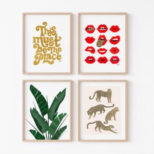 creative collage set of 4 | leopard | plant | this must be the place | lips | wall art | poster | art print | dorm room decor | poster | made in usa | gallery grade | unframed (8x10)