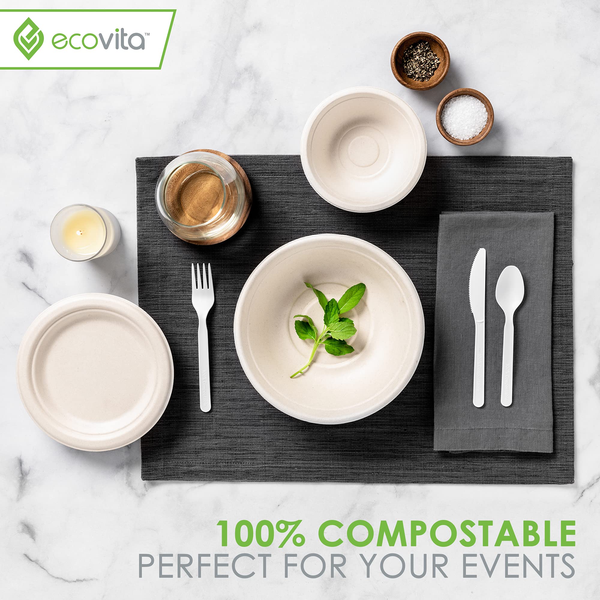 Ecovita 100% Compostable Paper Bowls [32 oz.] – 150 Disposable Bowls Eco Friendly Sturdy Tree Free Liquid and Heat Resistant Alternative to Plastic or Paper Bowls