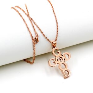 Uloveido 1PC Rose Gold Plated Stainless Steel Initial Good God Cross Pendant Necklace Special Christian Jewelry Gifts (Rose gold)