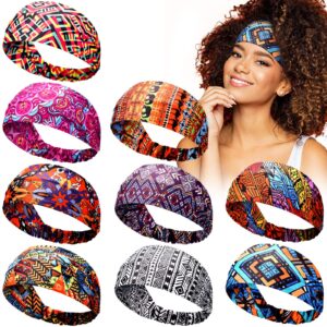 willbond 9 pieces african headbands stretchy boho print hairband yoga running sports workout head grip band elastic turban for women girls hair accessories (chic pattern)