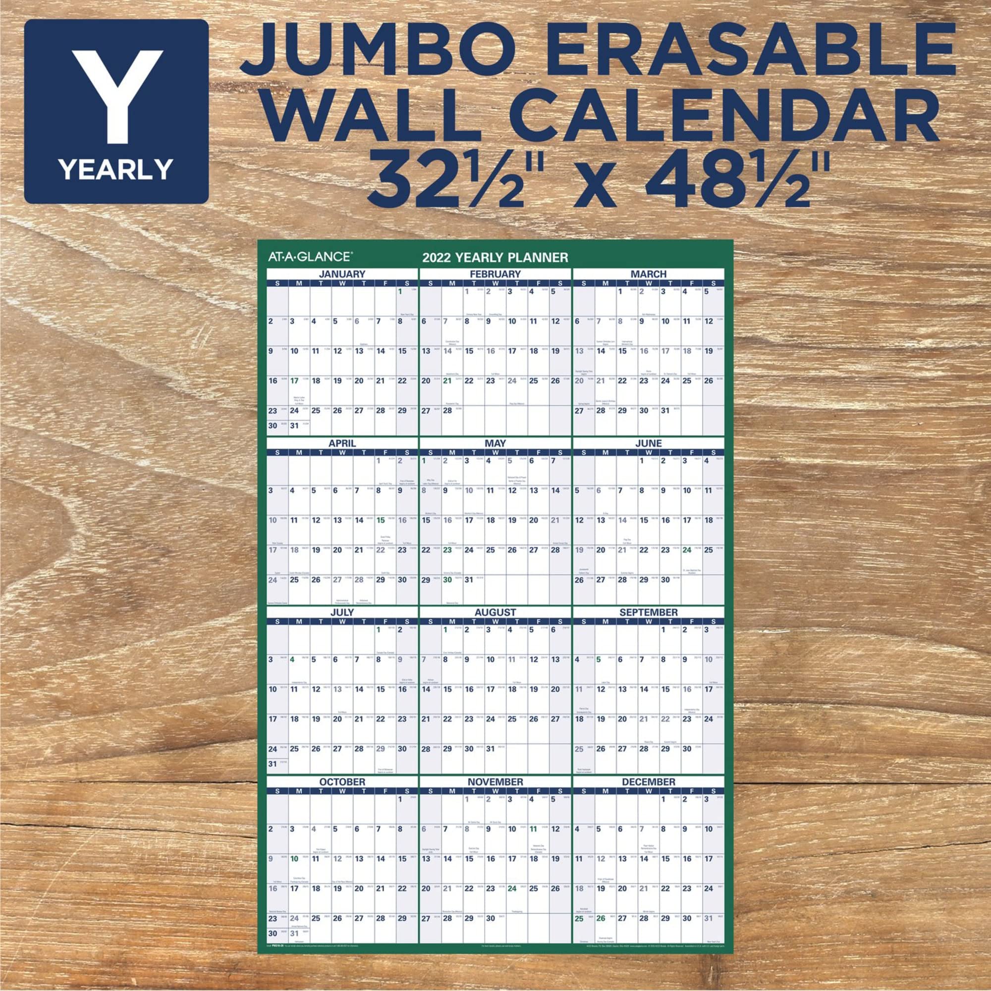 AT-A-GLANCE 2022 Erasable Calendar, Dry Erase Wall Planner by AT-A-GLANCE, 48" x 32", Jumbo, Vertical, Reversible for Notes & Planning Space (PM31028)