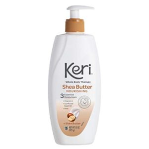 keri whole body therapy original shea butter lotion, continuous moisturization, 3 essential moisturizers (vitamin e, aloe and sunflower seed oil) 15 oz.