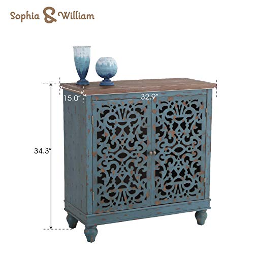 Sophia & William Accent Cabinet with Doors, Distressed Display Storage Cabinet with Wooden Frame and Hollow-Carved Floral Patterns for Entryway Living Room, Blue