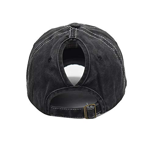 Distressed Ponytail Hat for Women American-Flag Pony Tail Caps High Bun (Black+Grey, Adjustable)