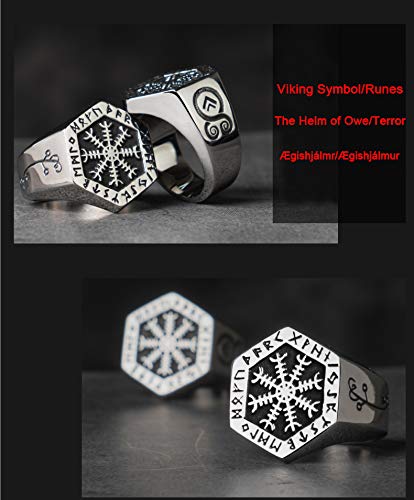 Titanium Stainless Steel Aegishjalmur The Helm of Awe Ring Norse Viking Elder Futhark Rune Ring Jewelry for Men Women Size 10 Silver Tone