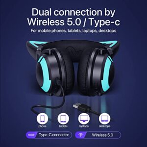 YOWU RGB Cat Ear Headphone 3S Wireless Bluetooth 5.0 Foldable Gaming Headset with Built-in Mic & Customizable Lighting and Effect via APP, Type-C Charging Audio Cable, for PC Laptop Mac Smartphone