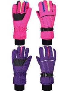 2 pairs kids mittens children winter snow waterproof thick warm windproof gloves for girls boys (purple and pink stripe style,3-6 years)