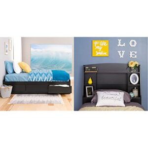 prepac mate's platform storage bed with 3 drawers, twin, black & astrid twin headboard, black