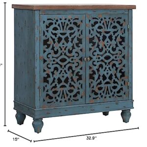 Sophia & William Accent Cabinet with Doors, Distressed Display Storage Cabinet with Wooden Frame and Hollow-Carved Floral Patterns for Entryway Living Room, Blue