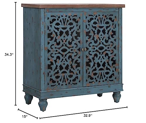 Sophia & William Accent Cabinet with Doors, Distressed Display Storage Cabinet with Wooden Frame and Hollow-Carved Floral Patterns for Entryway Living Room, Blue