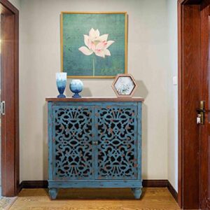 Sophia & William Accent Cabinet with Doors, Distressed Display Storage Cabinet with Wooden Frame and Hollow-Carved Floral Patterns for Entryway Living Room, Blue