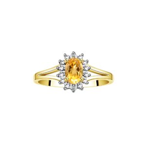 Rylos Rings for Women 14K Gold Plated Silver Halo of Diamond Birthstone Ring 6X4MM Gemstone November Citrine Jewelry for Women Size 7