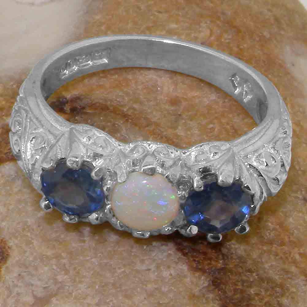 925 Sterling Silver ring with Natural Opal and Sapphire Womens Anniversary ring - Size 11.25