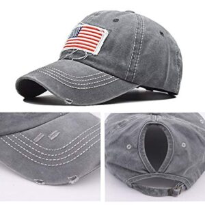 Distressed Ponytail Hat for Women American-Flag Pony Tail Caps High Bun (Black+Grey, Adjustable)