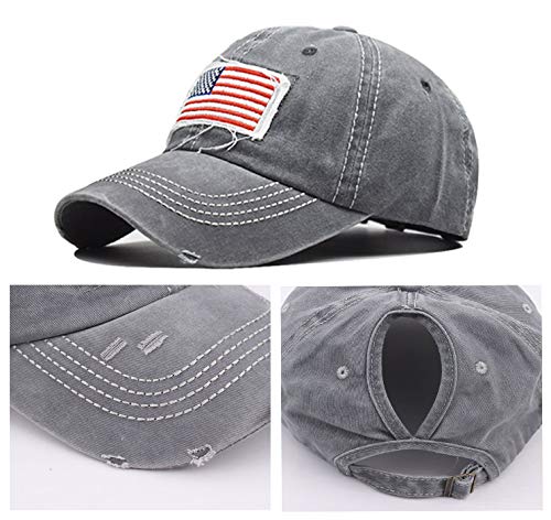 Distressed Ponytail Hat for Women American-Flag Pony Tail Caps High Bun (Black+Grey, Adjustable)