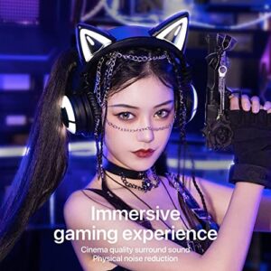 YOWU RGB Cat Ear Headphone 3S Wireless Bluetooth 5.0 Foldable Gaming Headset with Built-in Mic & Customizable Lighting and Effect via APP, Type-C Charging Audio Cable, for PC Laptop Mac Smartphone