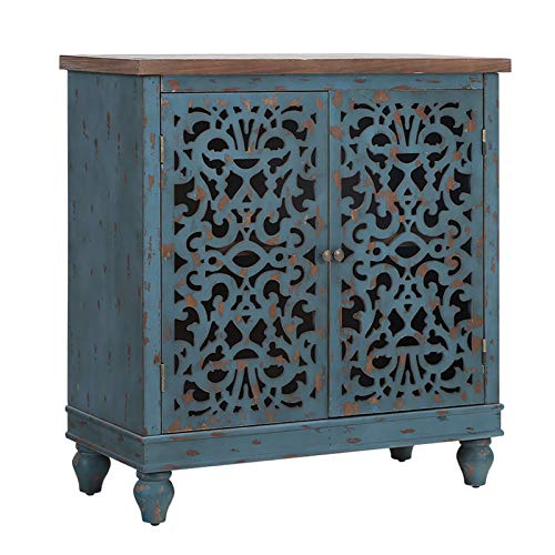 Sophia & William Accent Cabinet with Doors, Distressed Display Storage Cabinet with Wooden Frame and Hollow-Carved Floral Patterns for Entryway Living Room, Blue