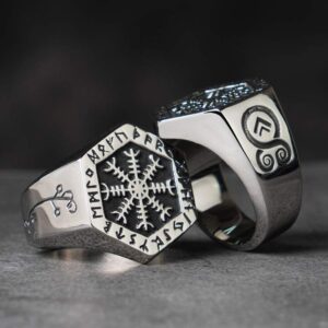 Titanium Stainless Steel Aegishjalmur The Helm of Awe Ring Norse Viking Elder Futhark Rune Ring Jewelry for Men Women Size 10 Silver Tone