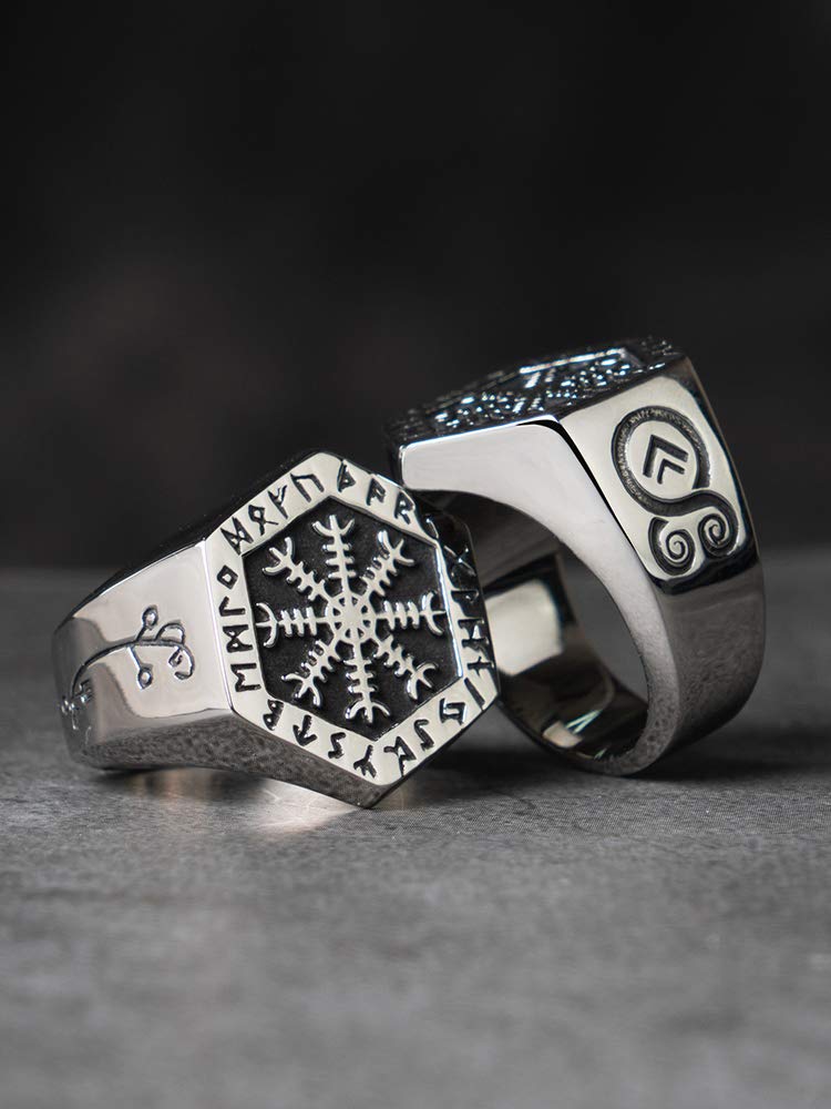 Titanium Stainless Steel Aegishjalmur The Helm of Awe Ring Norse Viking Elder Futhark Rune Ring Jewelry for Men Women Size 10 Silver Tone