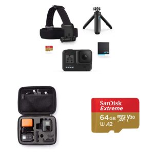 gopro pacchetto hero8 black - include shorty, cinghia per la testa, batteria di riserva e scheda di memoria da 32 gb + kit di accessori + custodia trasporto small